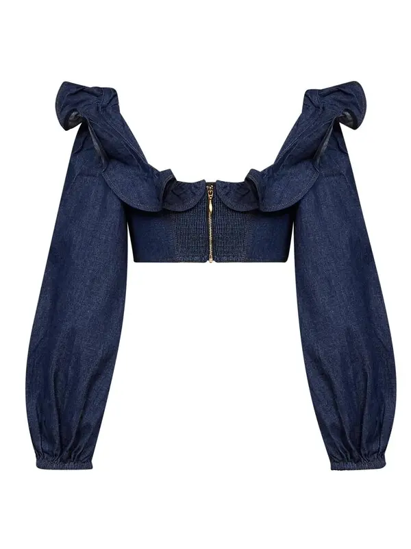 Zimmermann Ink Denim Aster Cropped Frill Top