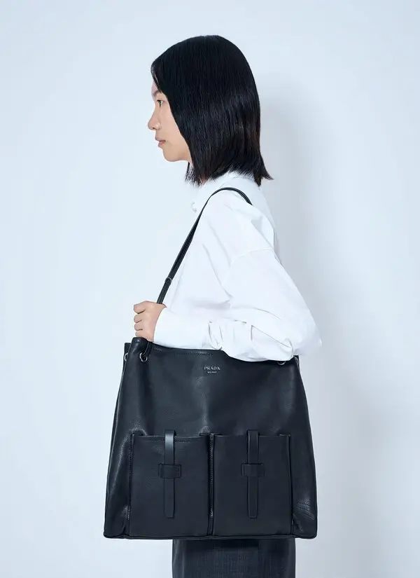 Prada Leather Large Route Tote Bag - Black