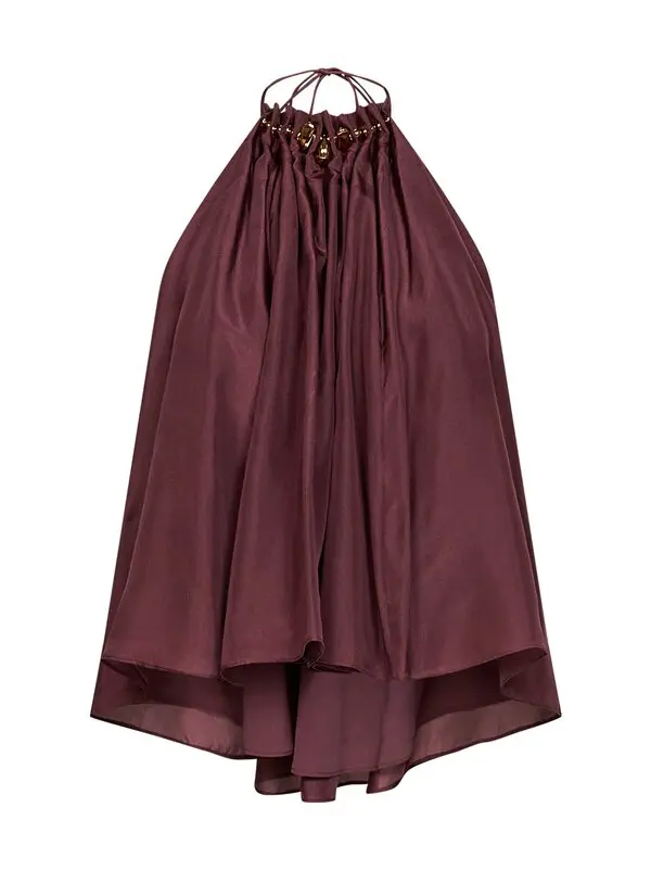 Zimmermann Merlot Silk Habotai Aster Gathered Beaded Top - Multicolor