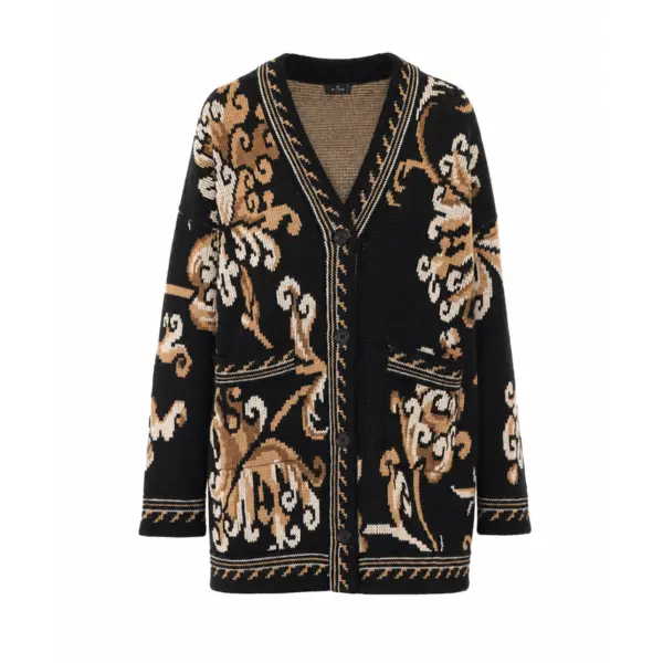 Etro Wool Cardigan With Floral Paisley Motif - Black