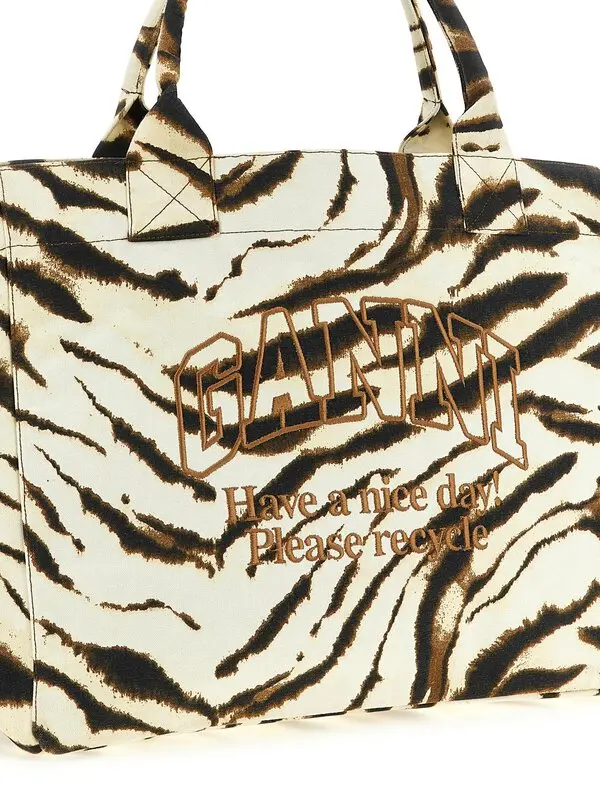 GANNI Zebra Print Cotton Canvas Shopper Tote Bag - Cream