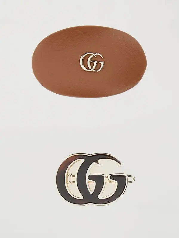Gucci Set Of 2 Metal And Leather Hair Clips - Brown