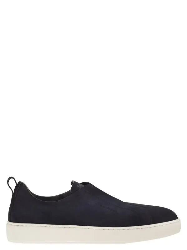 Santoni Suede Leather Slip-on Trainers With Rubber Sole - Blue