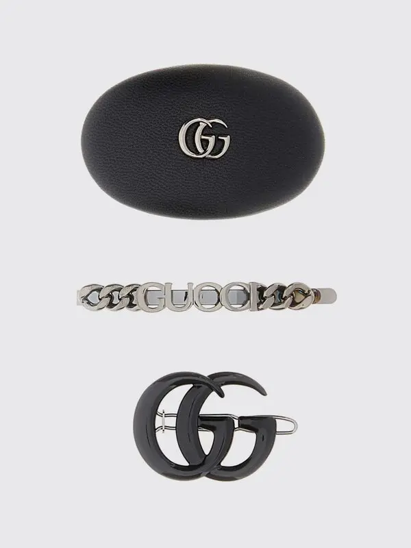 Gucci Set Of 3 Metal And Leather Hair Clips - Black