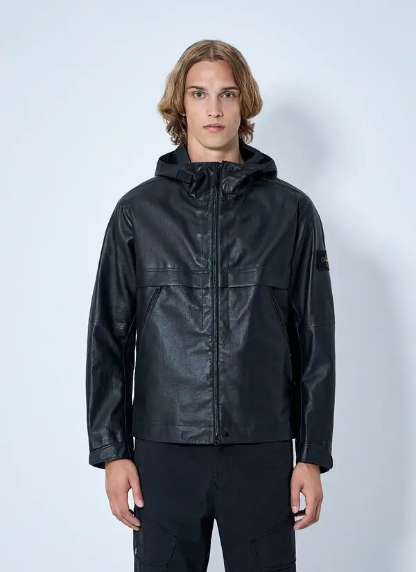 Stone Island Hooded Leather Jacket - Black