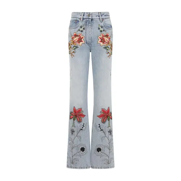 Valentino Garavani Denim 5 Pockets Embroidered Flowers Jeans - Blue
