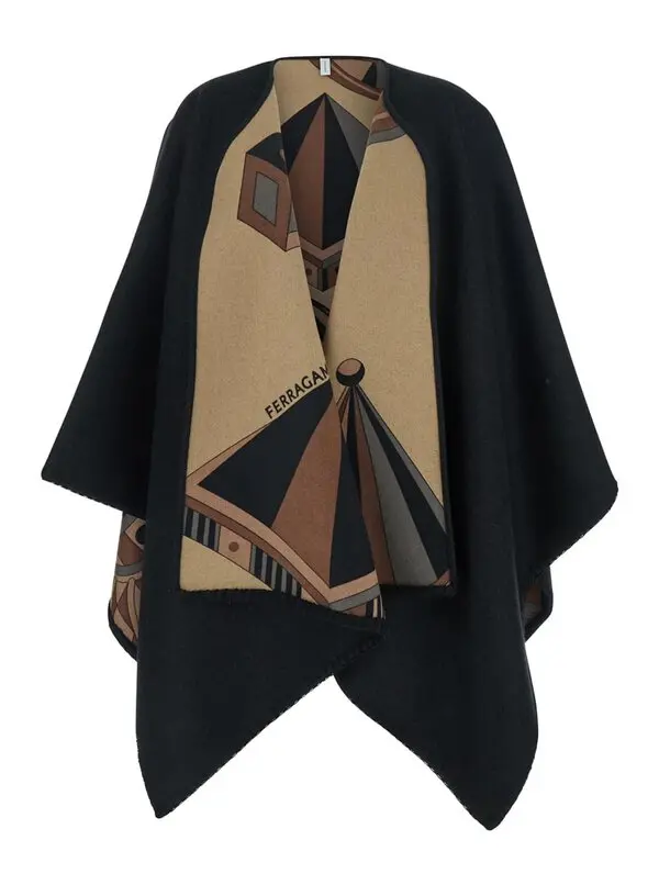 FERRAGAMO Black Reversible Cape With Nadir Print And Logo Lettering On The Front In Cashmere And Wool For - Multicolor