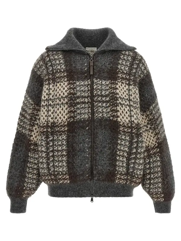 Brunello Cucinelli Dazzling Tartan Cardigan - Gray