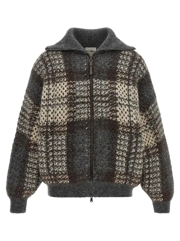 Brunello Cucinelli Dazzling Tartan Cardigan - Gray