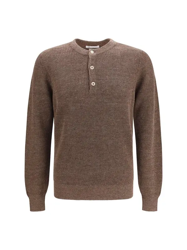 Brunello Cucinelli Cotton And Linen Henley Sweater - Brown