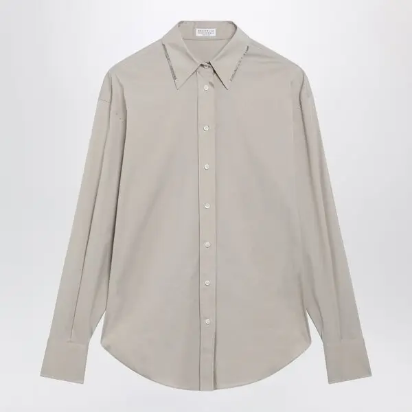 Brunello Cucinelli Monili Trim Stretch Cotton Poplin Shirt - Gray