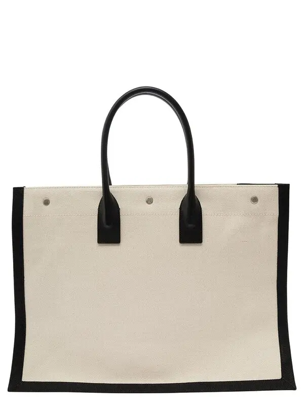 Saint Laurent Big Rive Gauche' Beige Tote Bag With Contrasting Logo Print In Cotton And Linen - Cream