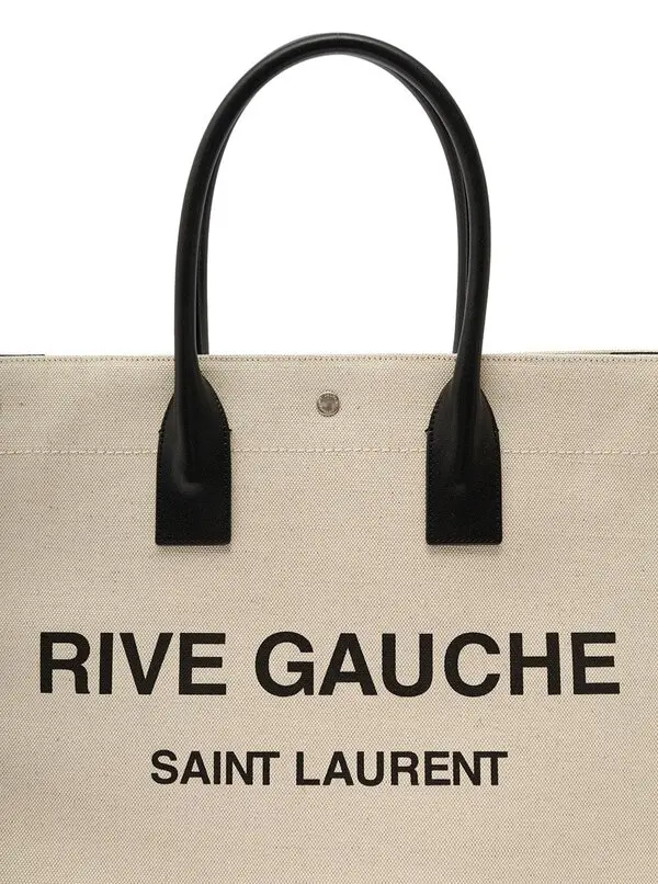 Saint Laurent Big Rive Gauche' Beige Tote Bag With Contrasting Logo Print In Cotton And Linen - Cream