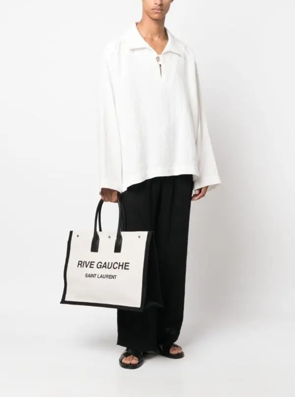 Saint Laurent Big Rive Gauche' Beige Tote Bag With Contrasting Logo Print In Cotton And Linen - Cream