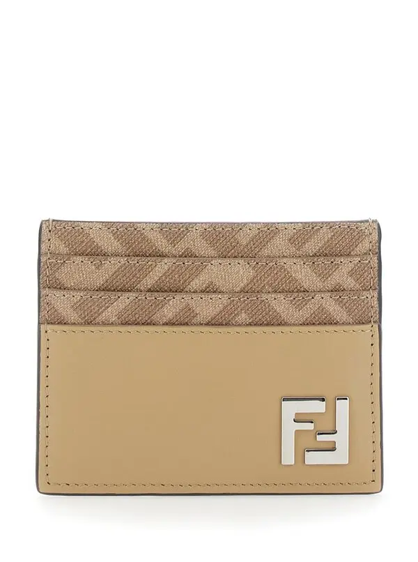 Fendi Beige Card Holder With Ff Plaque On The Front In Leather