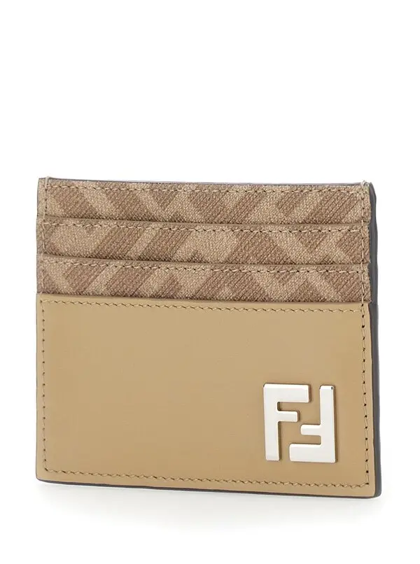 Fendi Beige Card Holder With Ff Plaque On The Front In Leather
