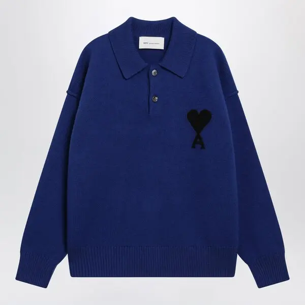 AMI Paris Electric De Coeur Polo Sweater In Wool - Blue