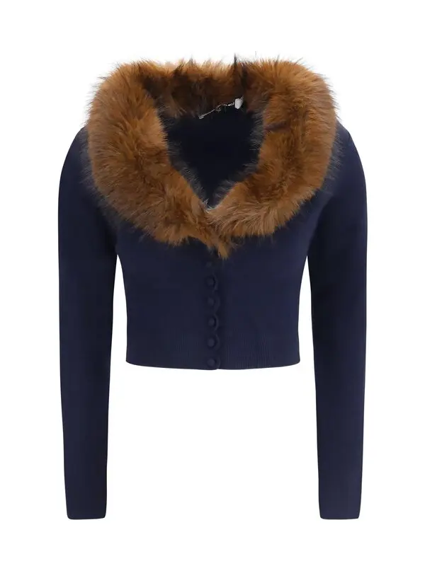 SELF-PORTRAIT Knit And Faux Fur Cardigan - Blue