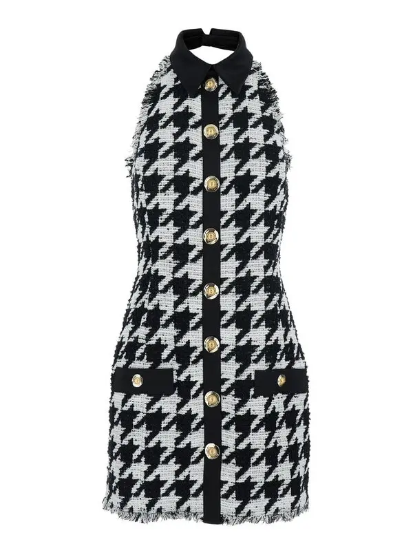 Balmain Halterneck Mini Dress With Houndstooth Motif In Tweed And Satin - Multicolor
