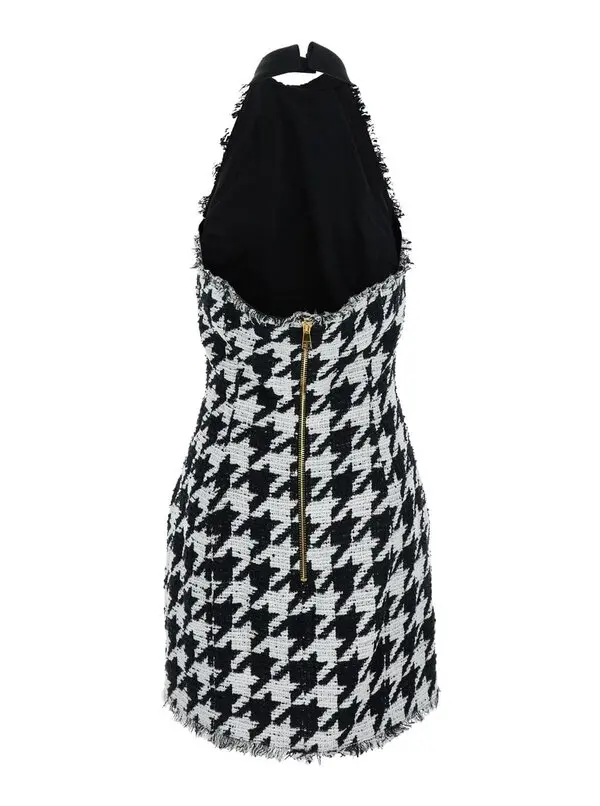 Balmain Halterneck Mini Dress With Houndstooth Motif In Tweed And Satin - Multicolor