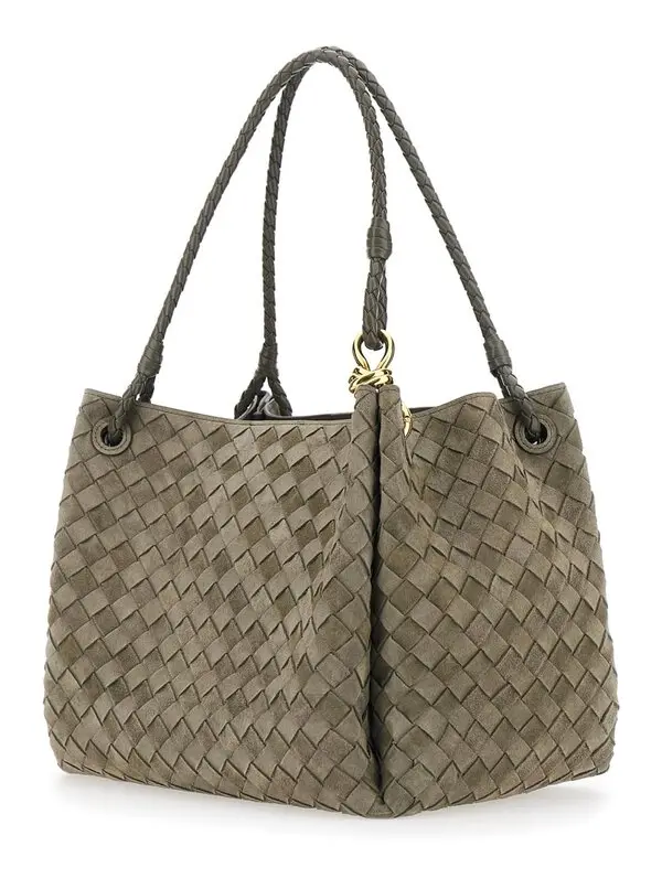 Bottega Veneta Shoulder Bag 'large Parachute' With All-over Intreccio Motif And Removable Pouch In Green Suede For - Multicolor