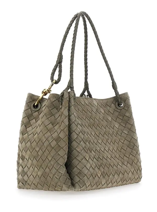 Bottega Veneta Shoulder Bag 'large Parachute' With All-over Intreccio Motif And Removable Pouch In Green Suede For - Multicolor