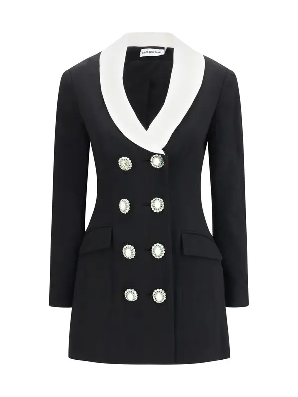SELF-PORTRAIT Long Double-breasted Blazer With Contrast Neckline - Black