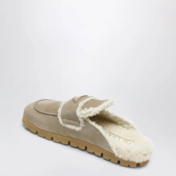 Prada Suede And Shearling Mules In Desert