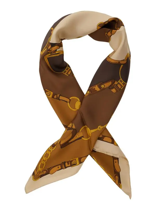 Gucci Square Scarf With Chain Print And Logo Lettering In Silk For - Brown