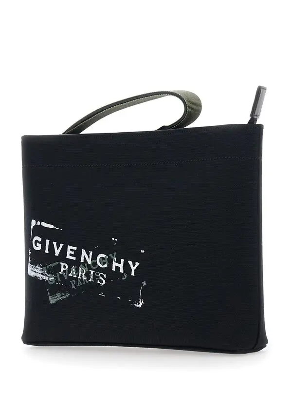 Givenchy Black Pouch With Top Handle And Logo Print On Front In Cotton For