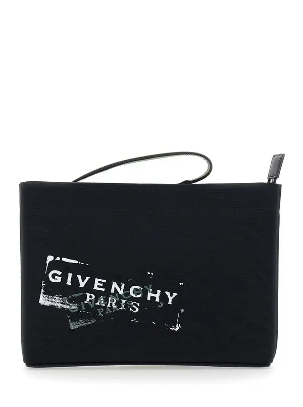Givenchy Black Pouch With Top Handle And Logo Print On Front In Cotton For - Multicolor