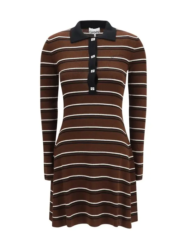 GANNI Striped Wool Polo Dress - Brown