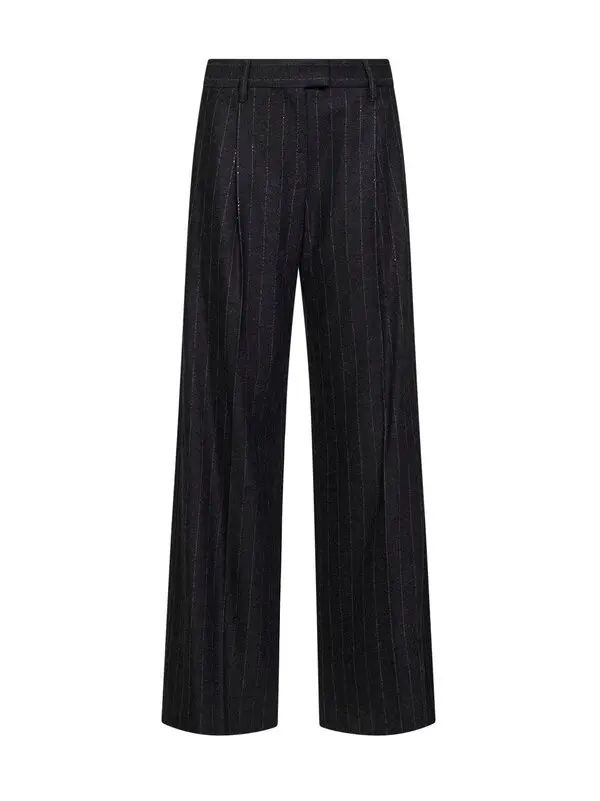 Brunello Cucinelli Anthracite Sequin Pinstriped Wool Blend Loose Pleated Trousers - Multicolor