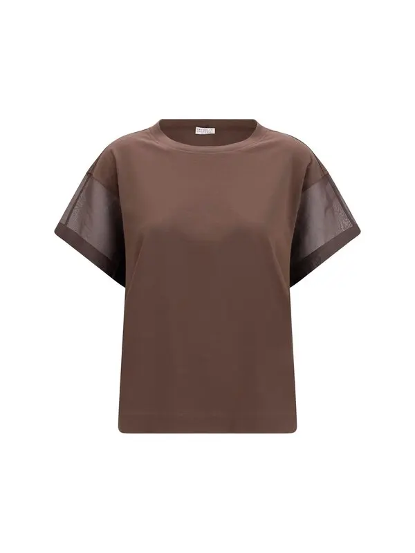 Brunello Cucinelli Cotton T-shirt With Sheer Sleeves And Side Panels - Brown
