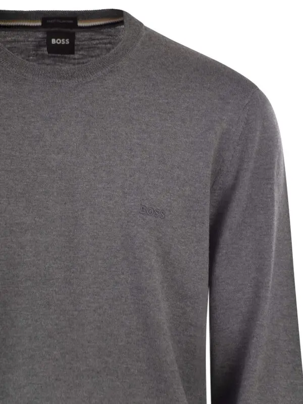 BOSS Regular Fit Virgin Wool Jumper With Embroidered Logo - Gray