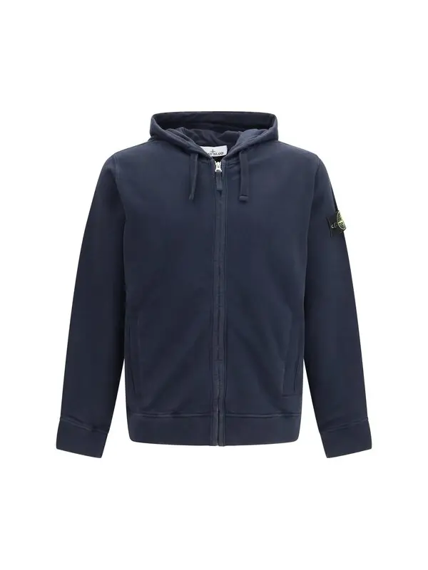 Stone Island Cotton Hoodie With Zip And Compass Logo - Blue