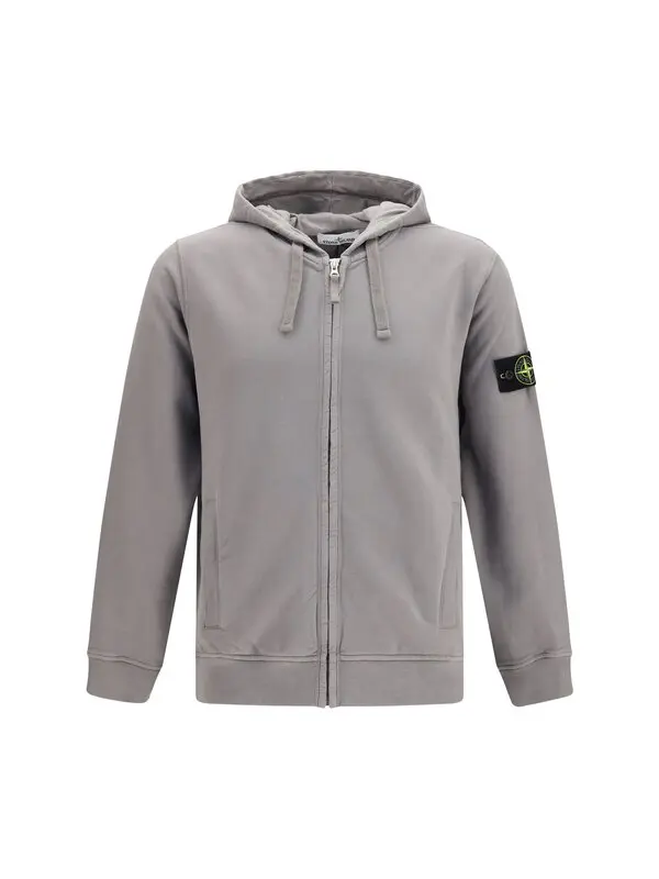 Stone Island Cotton Hoodie With Zip And Compass Logo - Gray