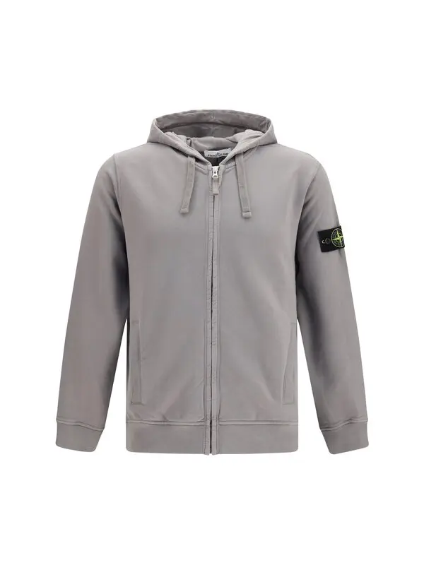 Stone Island Cotton Hoodie With Zip And Compass Logo - Gray
