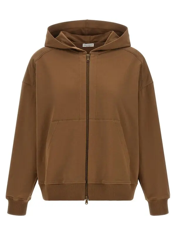 Brunello Cucinelli Lightweight Stretch Cotton Monile Trimmed Zip-up Hoodie