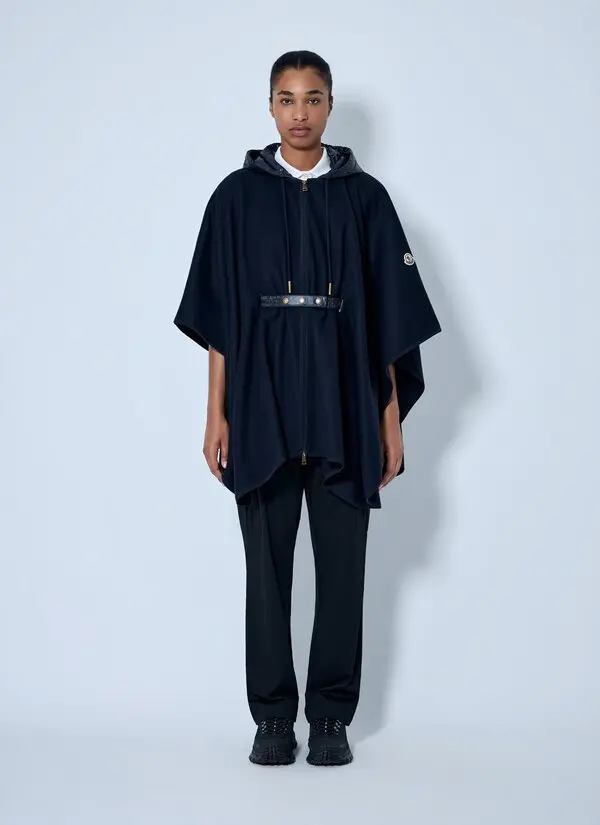Moncler Hooded Cape With Belted Waist - Blue