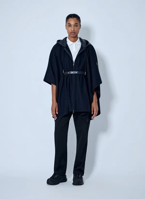 Moncler Hooded Cape With Belted Waist - Blue