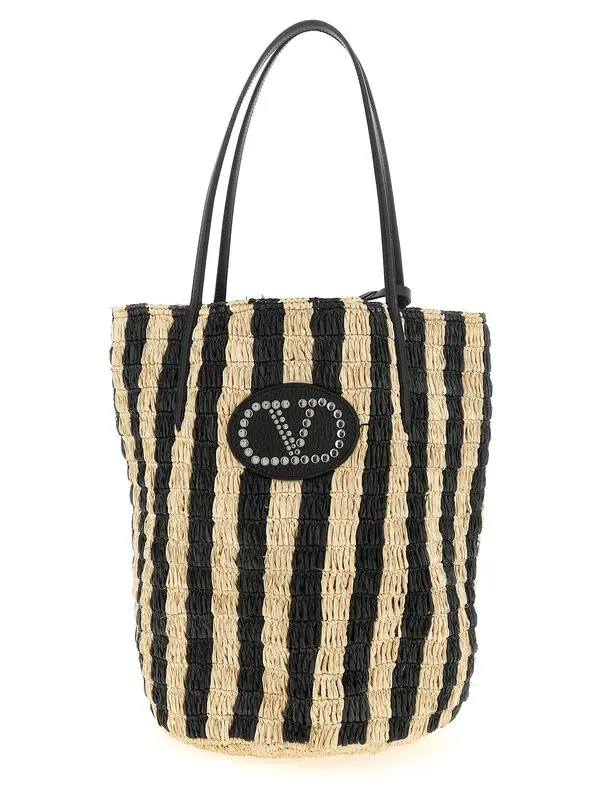 Valentino Garavani Striped Raffia Shopper Bag - Black