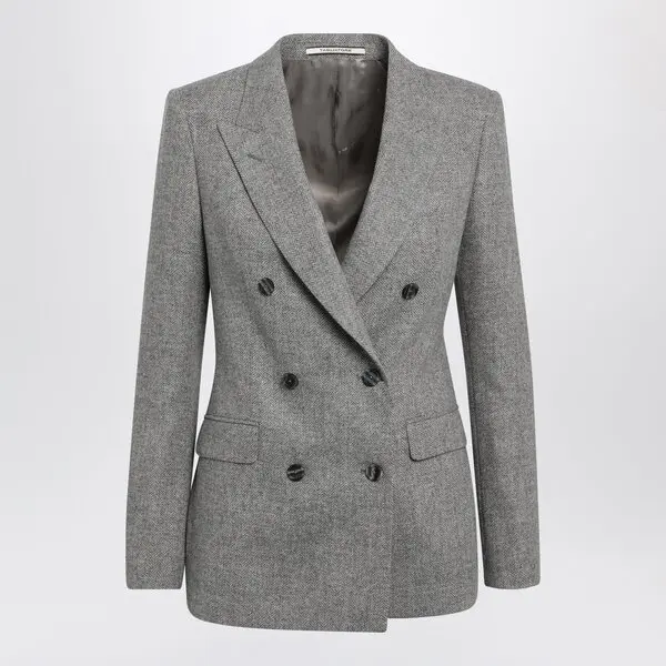 Tagliatore Double-breasted Grey Jacket With Herringbone Pattern In Wool And Cashmere