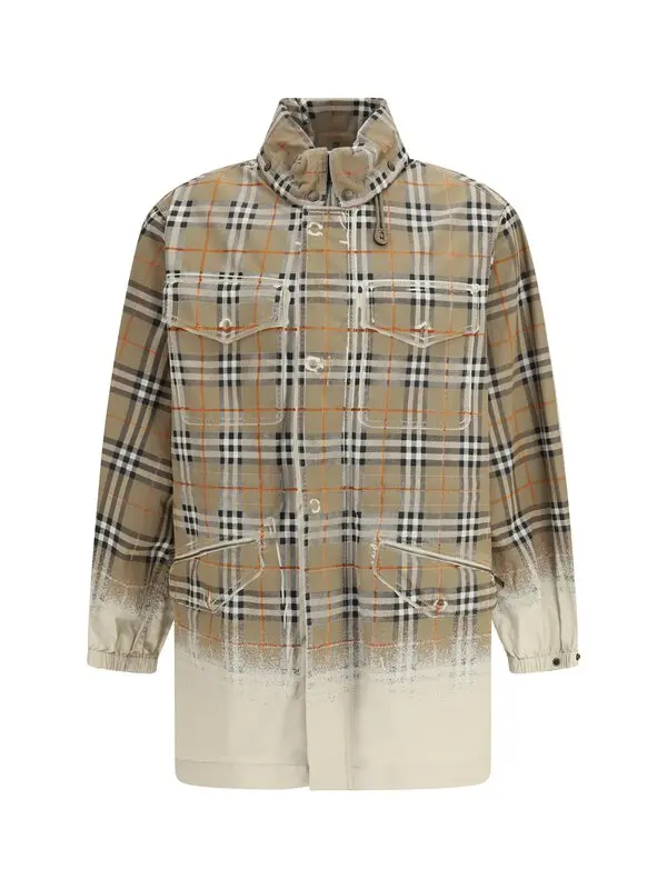 Burberry Gabardine Parka With Faded Check Print - Cream