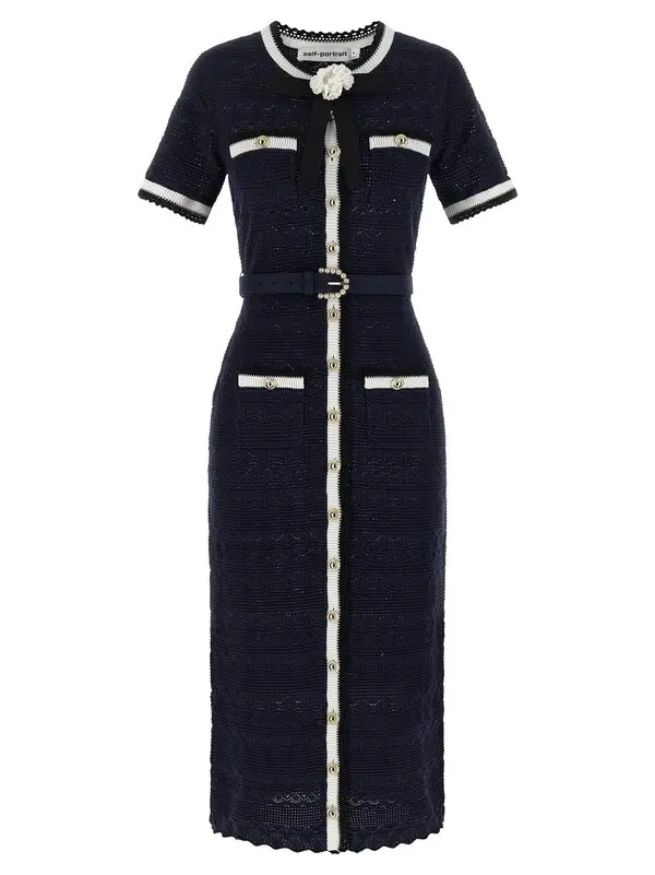 SELF-PORTRAIT Pointelle Knit Midi Dress - Blue