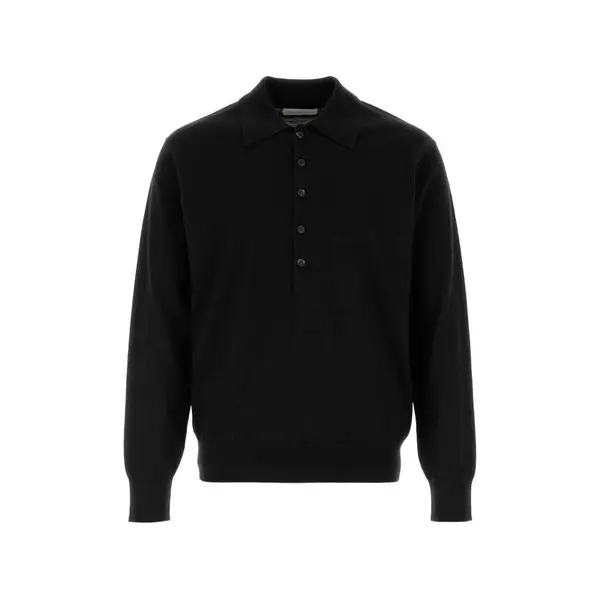 Dries Van Noten Wool Spread Collar Polo Sweater - Black