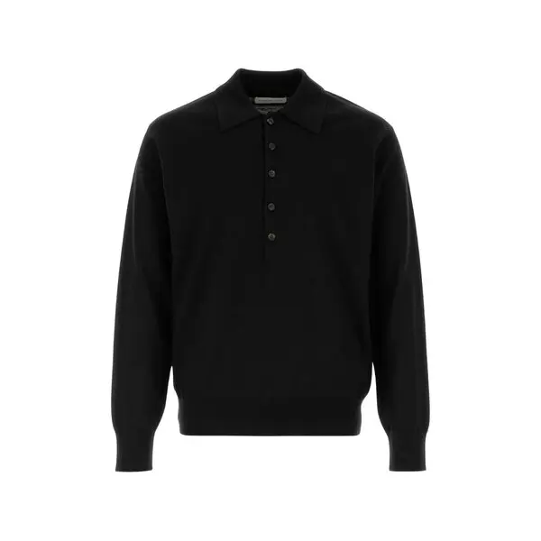Dries Van Noten Wool Spread Collar Polo Sweater - Black