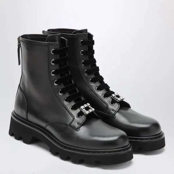ROGER VIVIER Leather Ankle Boots With Rhinestone Buckle - Black
