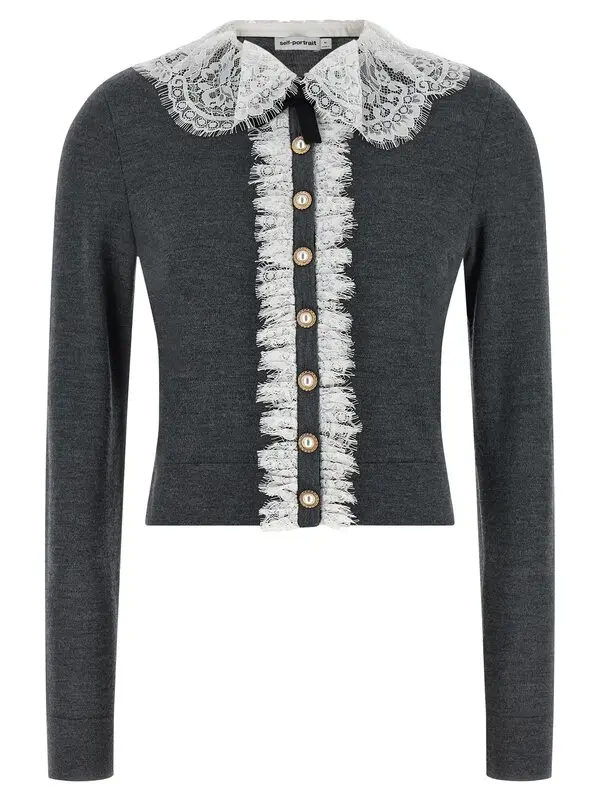 SELF-PORTRAIT Grey Lace Collar Knit' Cardigan - Gray