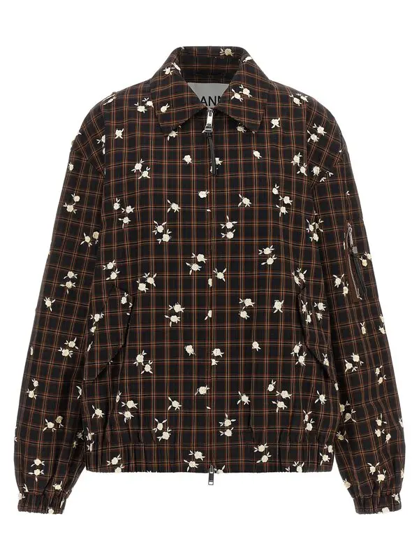 GANNI Check Flower' Bomber Jacket - Brown